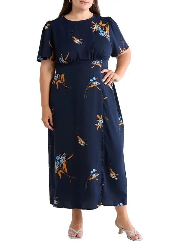 SUGARLIPS Dusk Bloom Floral Fit & Flare Midi Dress - Navy Multi