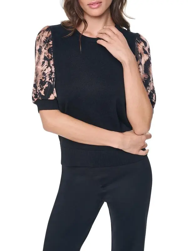 Dkny Print Twist Sleeve Mixed Media Sweater - Black/abstract