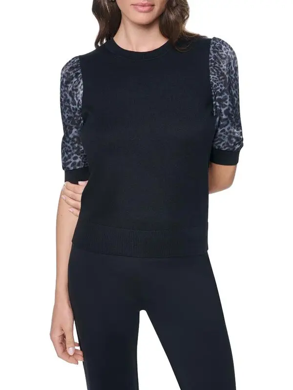 Dkny Print Twist Sleeve Mixed Media Sweater - Black/moonlight