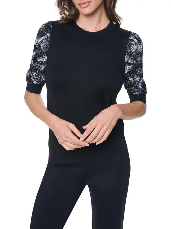 Dkny Print Twist Sleeve Mixed Media Sweater - Black/refracted