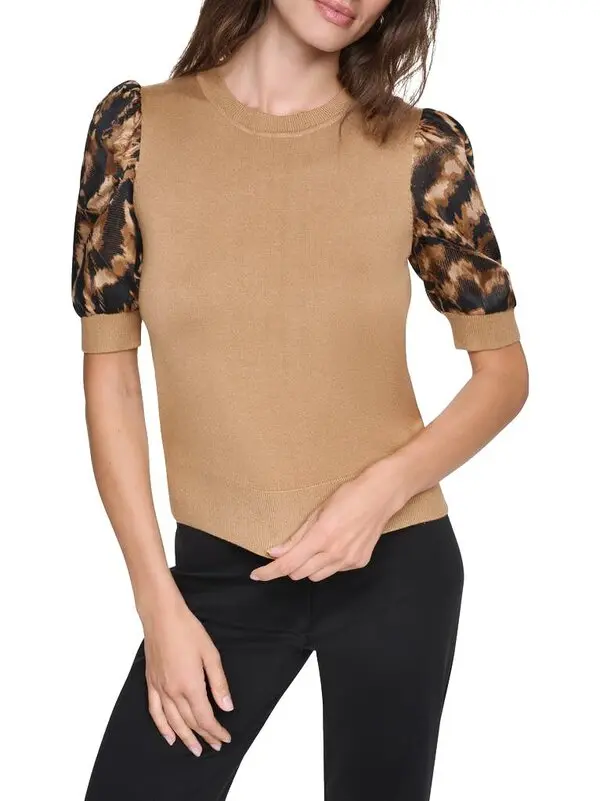 Dkny Print Twist Sleeve Mixed Media Sweater - Truffle