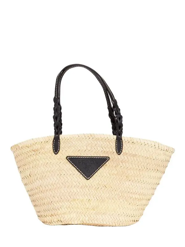 Prada Raffia Tote Bag With Calfskin Leather Accents - Neutral