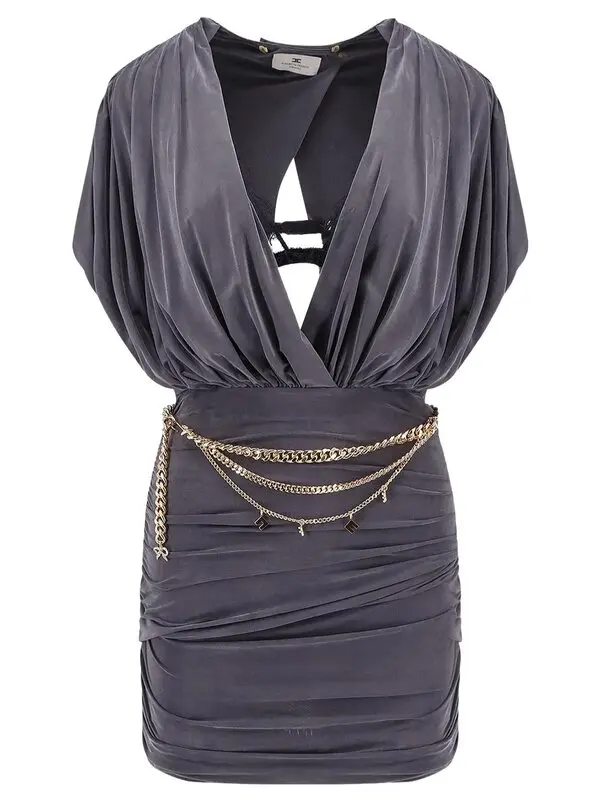 Elisabetta Franchi V-neck Lace Bralette Jersey Dress With Brass Belt - Grey