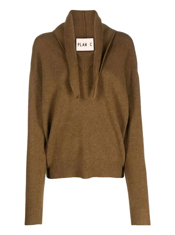 Plan C Long-sleeved Scarf Collar Knitted Shirt - Brown