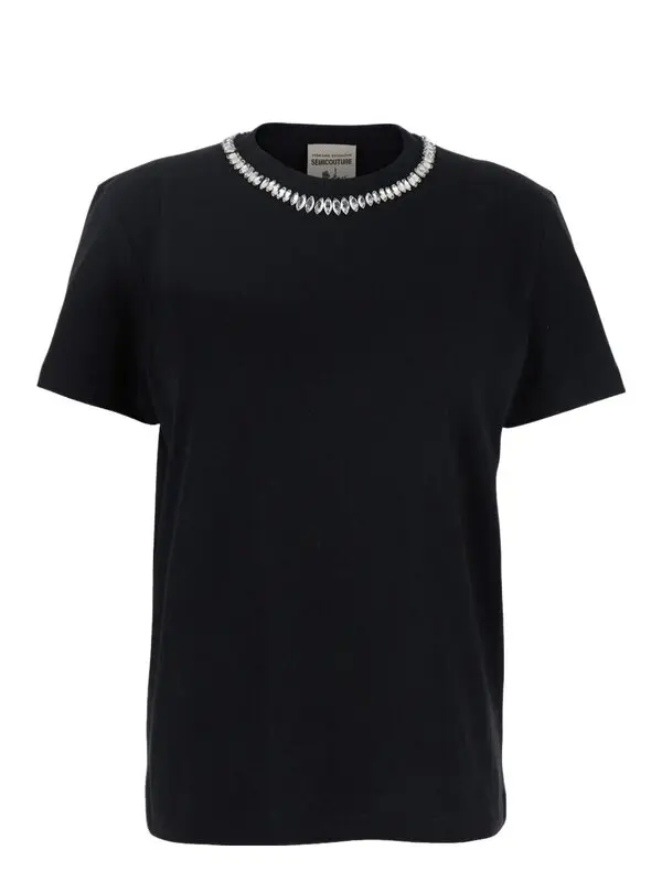 SEMICOUTURE Embellished Round Neck T-shirt - Black