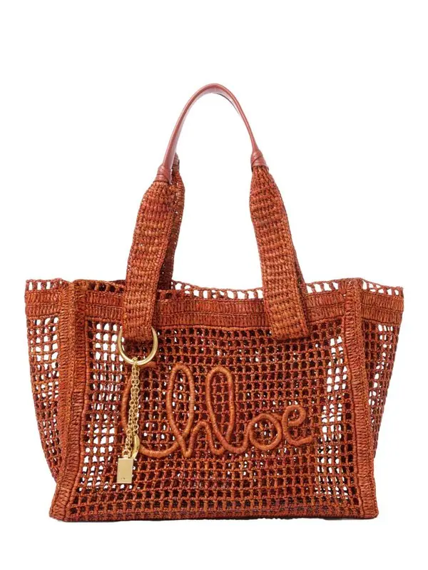 Chloé Raffia Shopper Tote Bag With Embroidered Logo - Brown