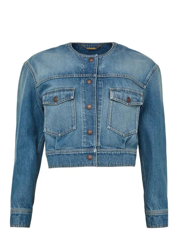Chloé Cropped Denim Jacket With Leather Logo Label - Blue