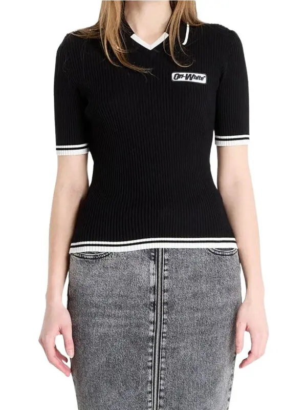 Off-White Ribbed Knit Short Sleeve V-neck Top With Striped Trim - Black