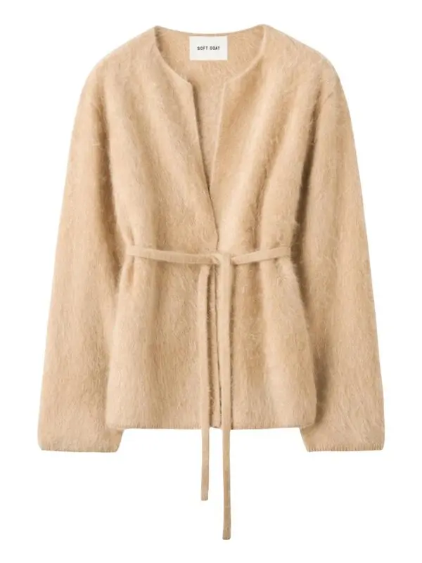 Soft Goat Long-sleeved Wrap Knitwear With Ribbed Trim - Camel