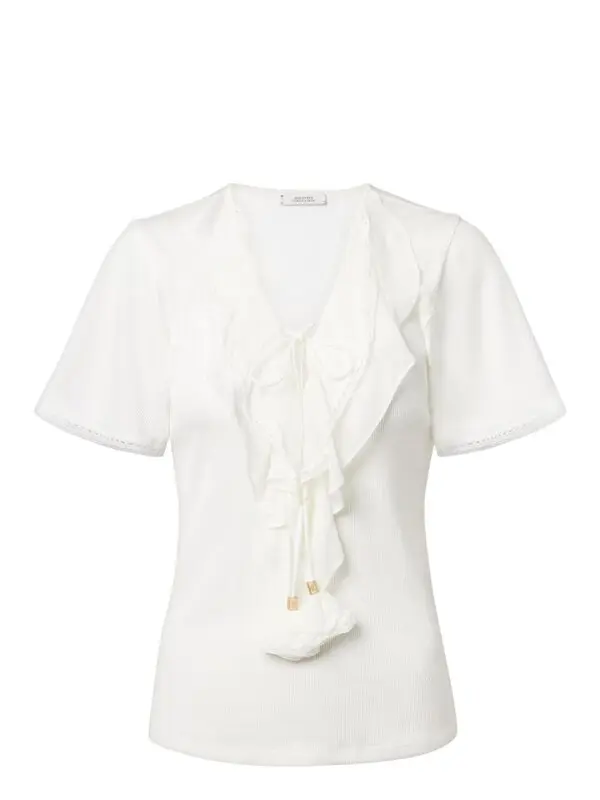 Dorothee Schumacher Pure Sleekness Ribbed-knit Cotton Top With Ruffle V-neck And Lace Trim - White