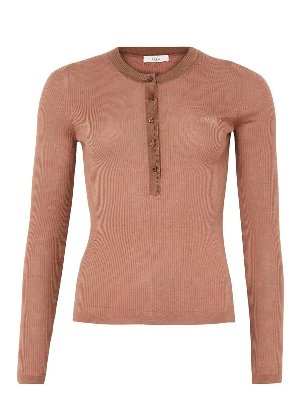 Chloé Ribbed Long Sleeve Sweater With Embroidered Logo - Pink