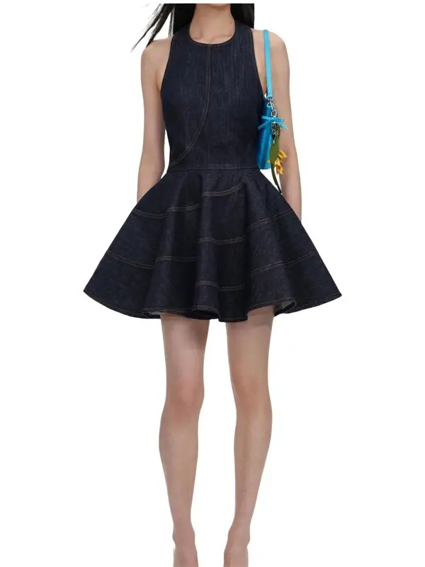 SELF-PORTRAIT Indigo Denim Halterneck Mini Dress - Blue