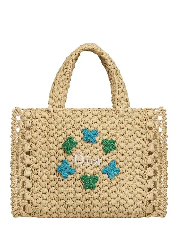 Dior Embroidered Raffia Top Handle Bag - Nude