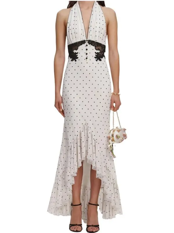 SELF-PORTRAIT Polka Dot Halter Neck Midi Dress - White