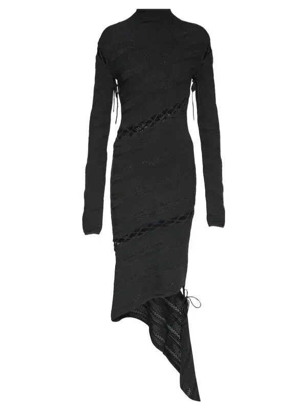 DION LEE Asymmetric Mesh Knit Dress With Lace Cutouts - Black