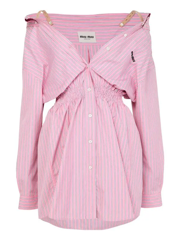 Miu Miu Striped Off-the-shoulder Mini Shirt Dress - Pink