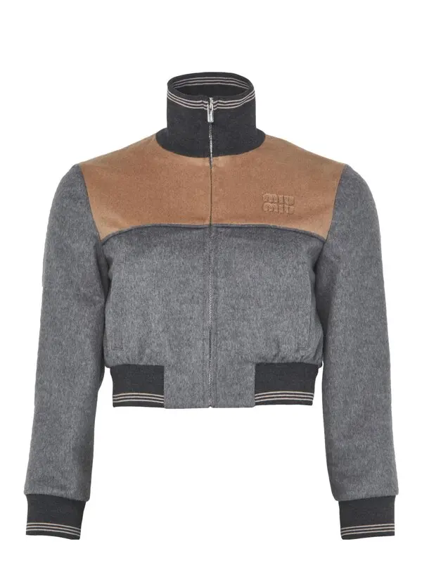 Miu Miu Cropped Zip-up Jacket With Embroidered Logo - Gray