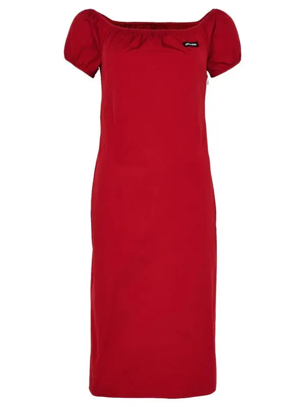 Miu Miu Off-the-shoulder Embroidered Logo Midi Dress - Red