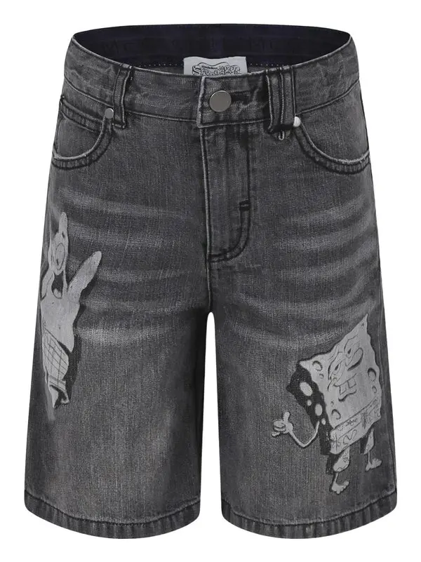 Stella McCartney Belt-loop Denim Shorts With Spongebob And Patrick Print - Grey