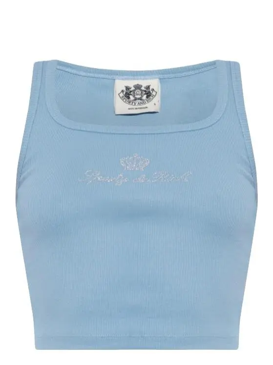 SPORTY  RICH Sporty & Rich Ribbed Knit Sleeveless Cropped Tank Top - Blue