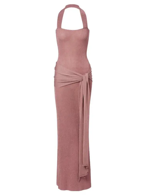 AYA MUSE Halter Neck Knitted Sequined Maxi Dress - Pink