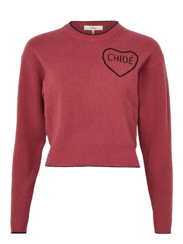Chloé Embroidered Logo Ribbed Crew Neck Sweater - Red