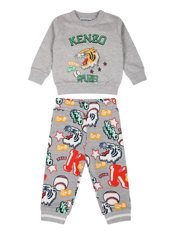 Kenzo Cotton Track Suit With Tiger And Logo Graphics - Gray