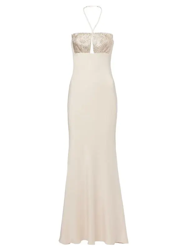 Roland Mouret Embellished Halterneck Silk Gown - Beige