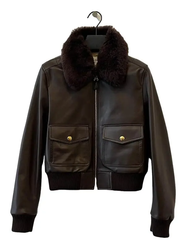 Celine Aviator Blouson Jacket In Calfskin With Fur Collar - Black