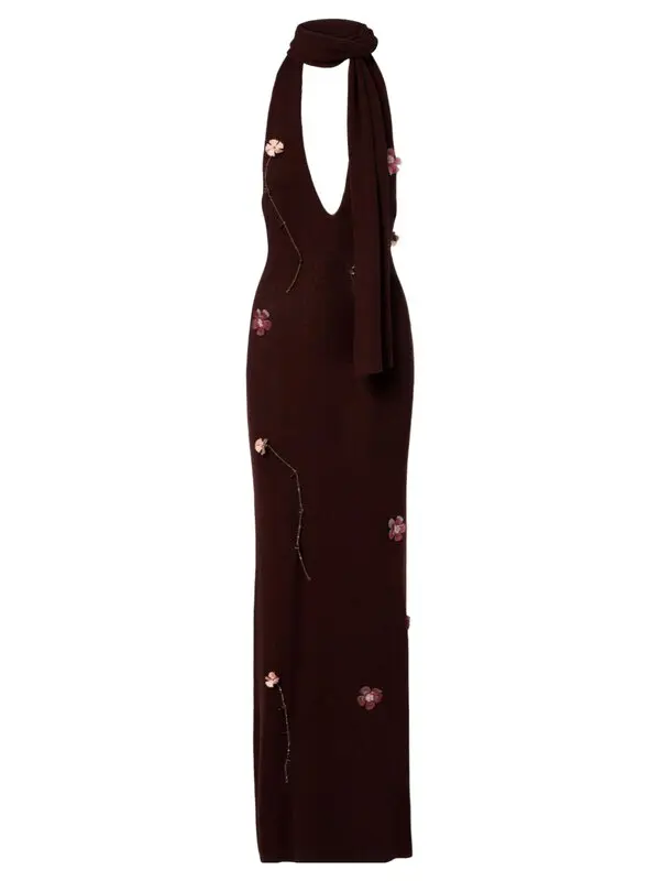 AYA MUSE Floral Appliqué Knit Maxi Dress - Brown