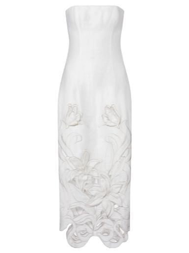 LEO Lin Rayna Floral-appliqué Linen-blend Bustier Gown - White