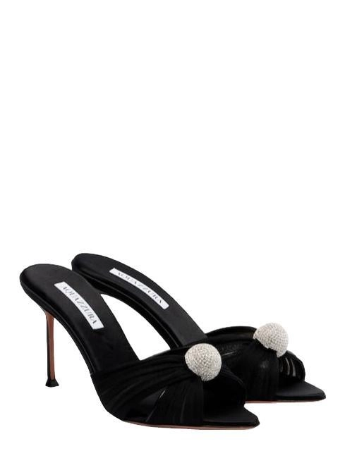 AQUAZZURA Embellished Satin Mules With Leather Trim - Black