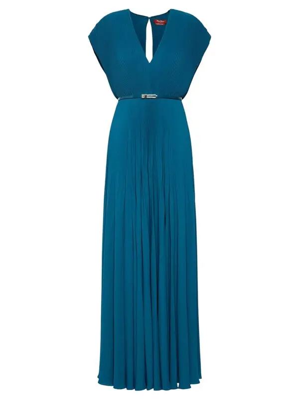 Max Mara Pleated V-neck Maxi Dress With Open Back - Blue