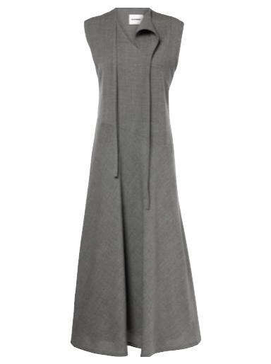 JIL SANDER Tie Neck Virgin Wool Canvas Midi Dress - Gray