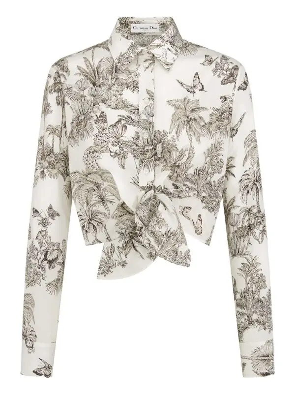 Dior Long Sleeve Graphic Print Cropped Blouse - Nude