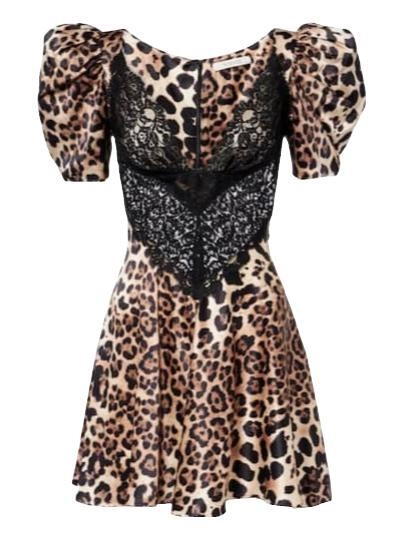 RODARTE Leopard Print Silk Satin Minidress With Lace Insert - Black