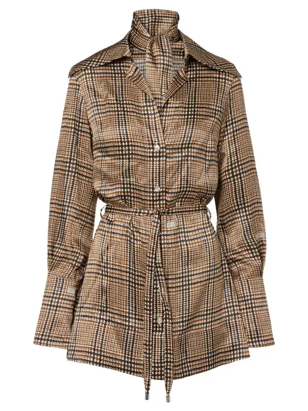 PATOU Plaid Shirt Dress With Detachable Bow Tie - Brown