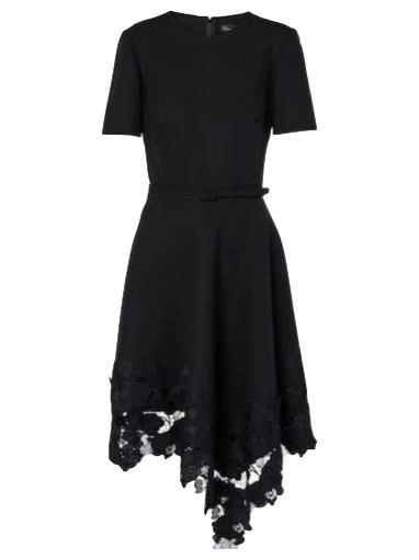 Oscar De La Renta Asymmetric Wool-blend Midi Dress With Lace Hem - Black