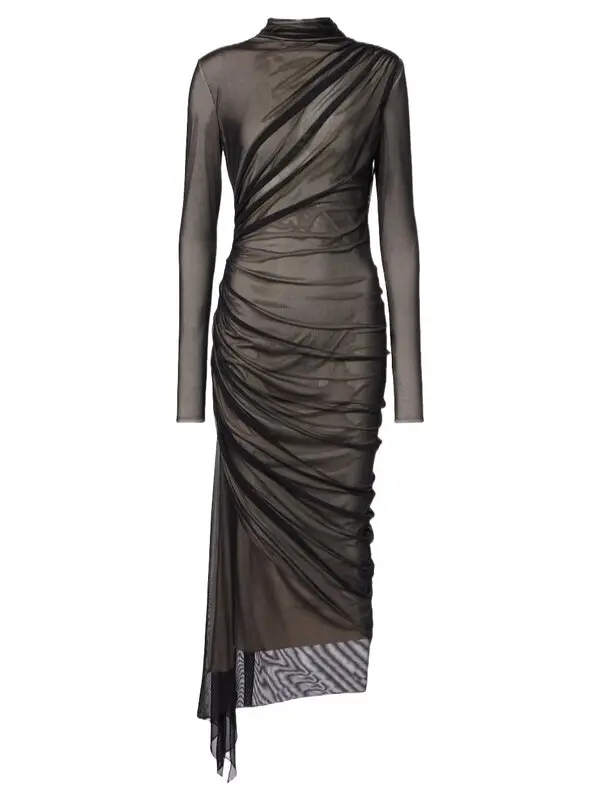 MUGLER Asymmetric Mesh Long Sleeve Dress - Black