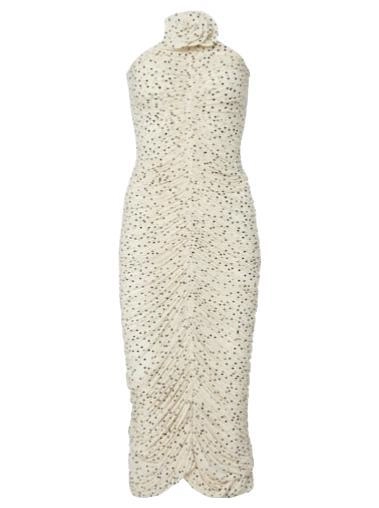 Magda Butrym Off-the-shoulder Floral Appliqué Polka Dot Dress - Beige