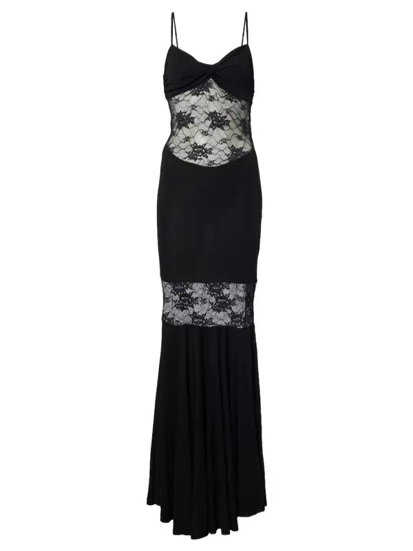 Nina Ricci Spaghetti Strap Lace Paneled Gown - Black