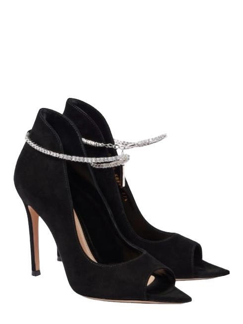 GIANVITO ROSSI Suede Peep-toe Stiletto Heels With Rhinestone Ankle Chain - Black