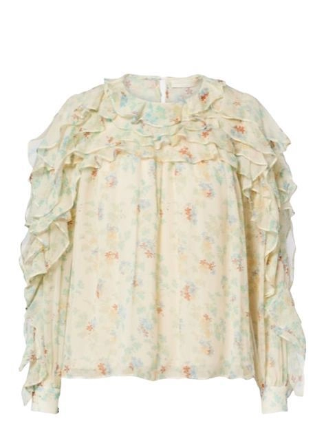 Ulla Johnson Willow Ruffled Floral Silk Chiffon Blouse - Nude