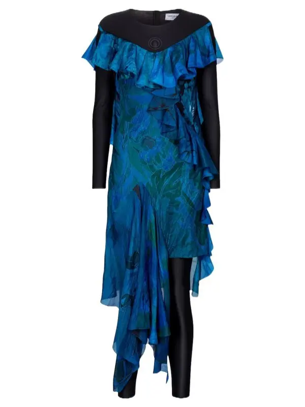 MARINE SERRE Printed Silk And Stretch-jersey Dress - Blue