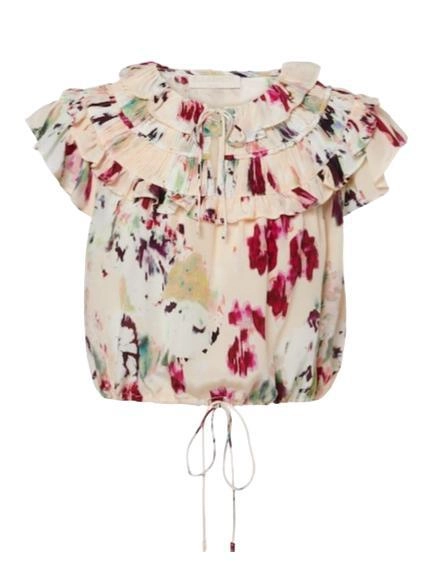 Ulla Johnson Eleonore Floral Ruffled Silk Crop Top - Nude