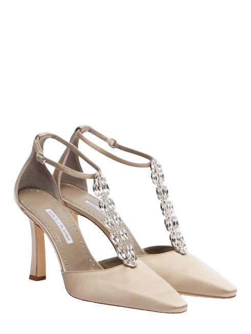 Manolo Blahnik Crystal Embellished Satin High Heels - Beige