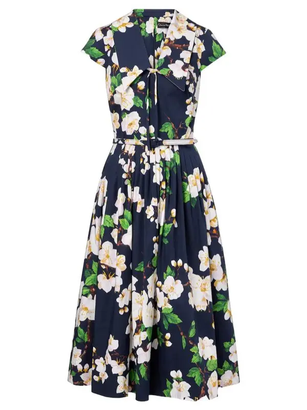 Oscar De La Renta Floral Pleated Cotton-blend Midi Dress - Multicolor