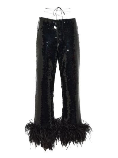Magda Butrym Feather-trimmed Sequined Straight-leg Pants - Black