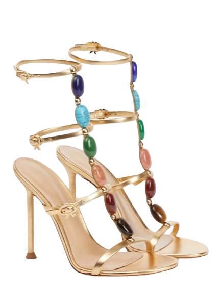 GIANVITO ROSSI Metallic Lamb Leather Stiletto Sandals With Cabochon Embellishments - Nude