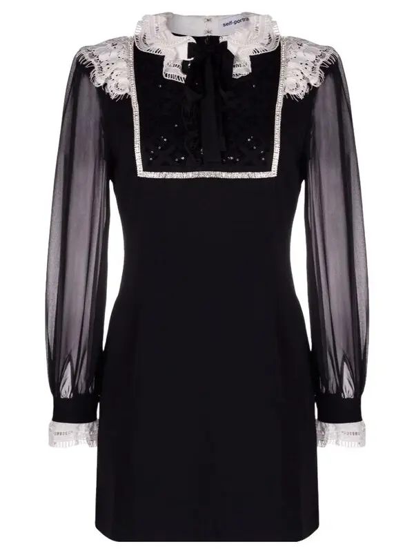 SELF-PORTRAIT Diamante Mini Dress With Lace Collar - Black